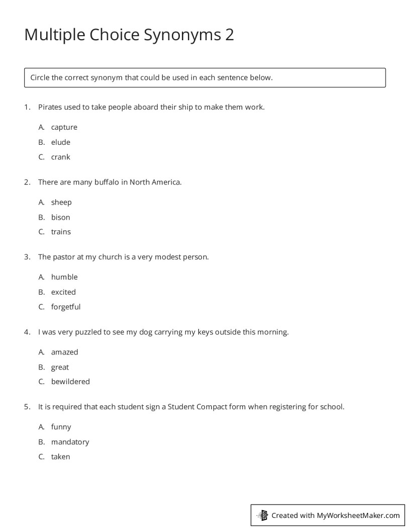 Multiple Choice Synonyms 2 - My Worksheet Maker: Create Your Own Worksheets