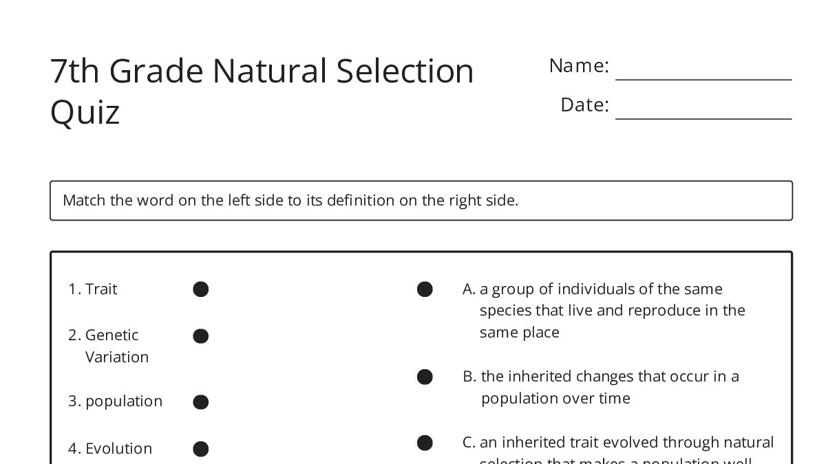 7th Grade Natural Selection Quiz - My Worksheet Maker: Create Your Own ...