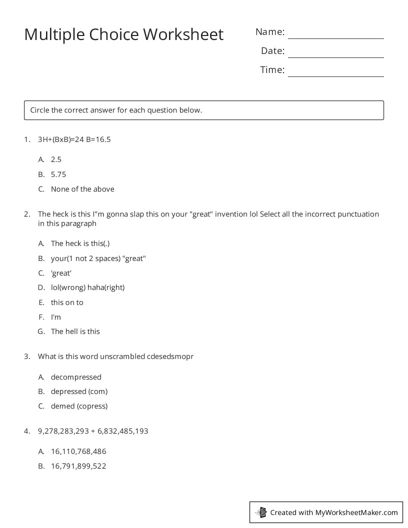 Multiple Choice Worksheet - My Worksheet Maker: Create Your Own Worksheets