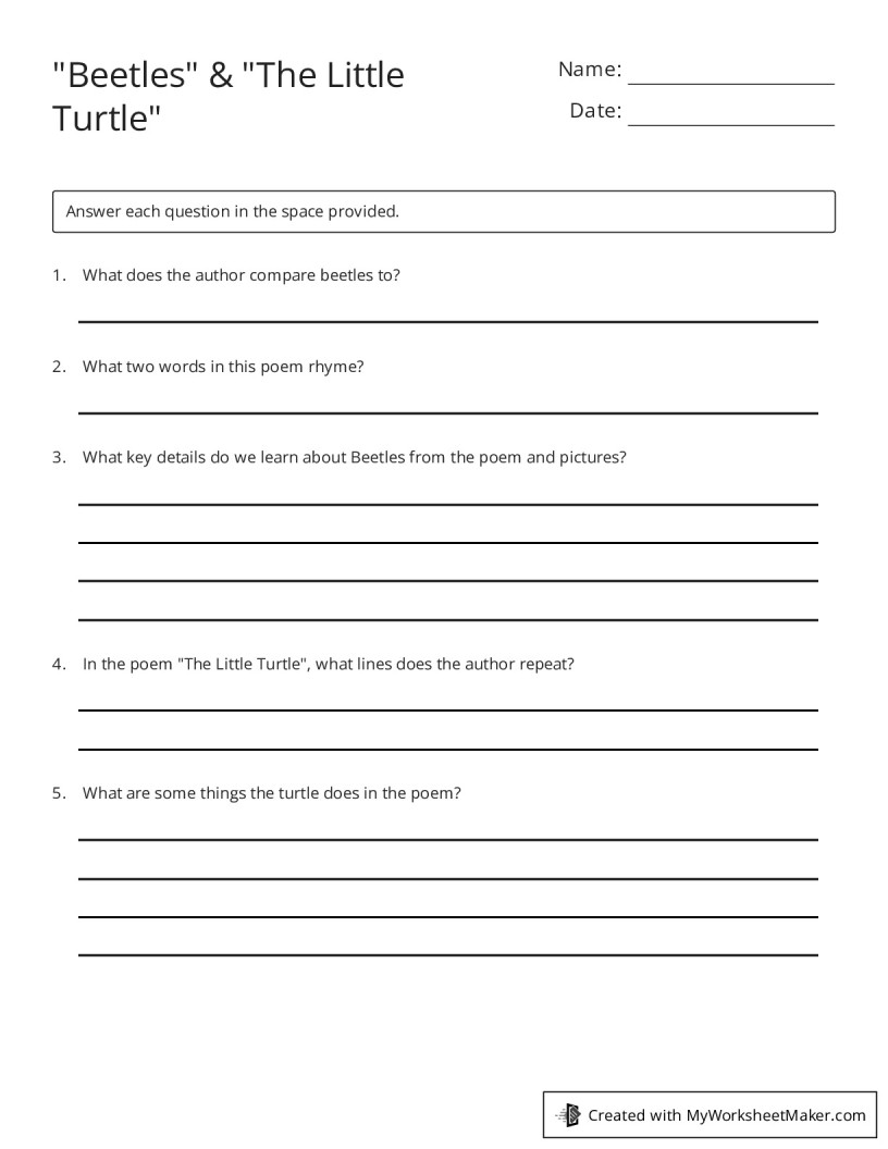 "Beetles" & "The Little Turtle" - My Worksheet Maker: Create Your Own ...