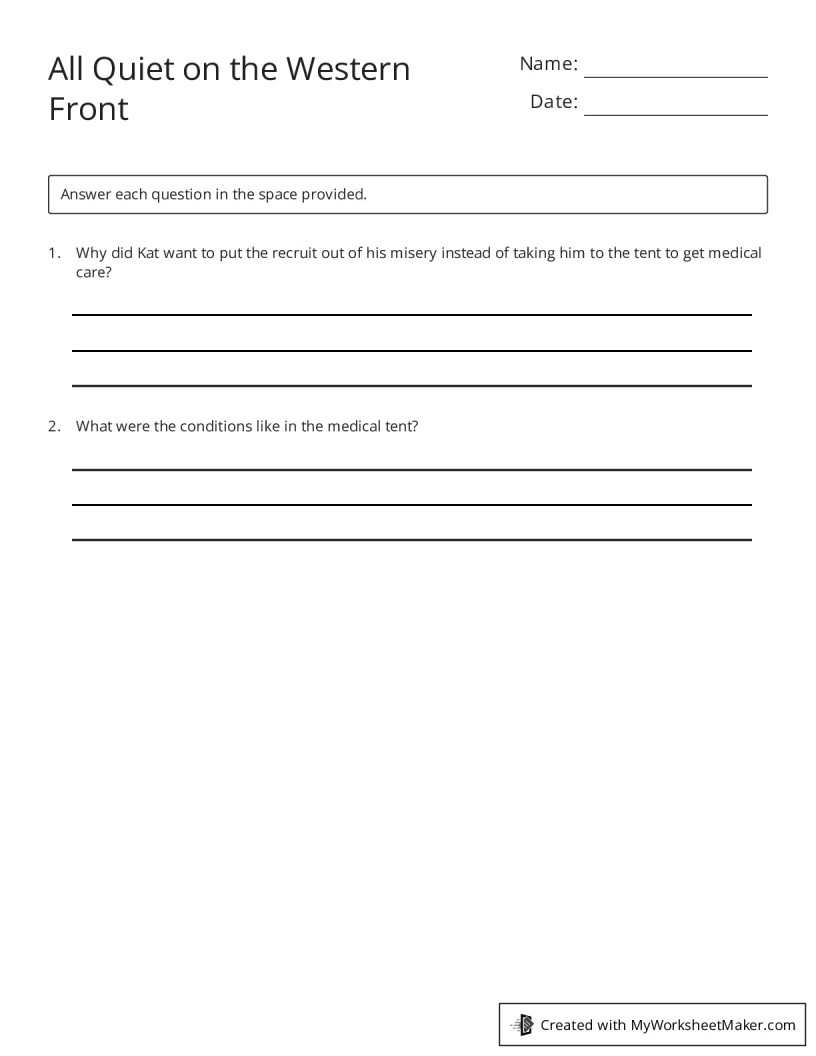All Quiet on the Western Front - My Worksheet Maker: Create Your Own ...