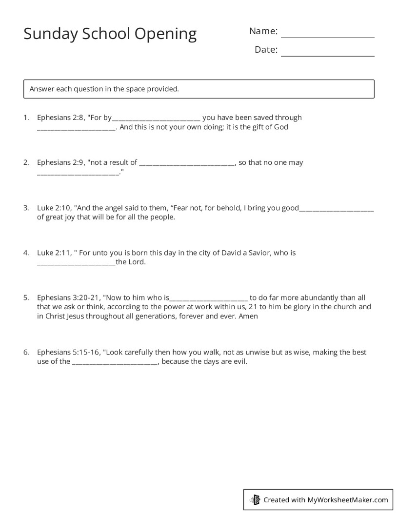 Sunday School Opening - My Worksheet Maker: Create Your Own Worksheets
