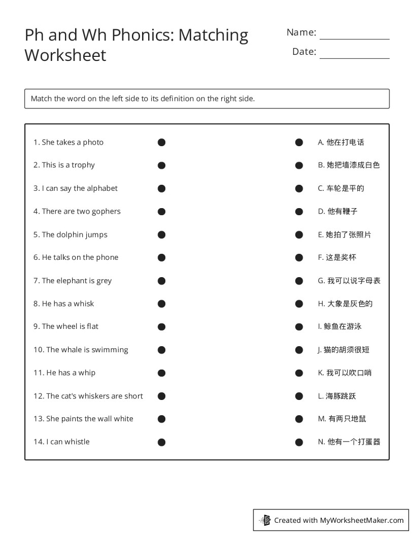 Ph and Wh Phonics: Matching Worksheet - My Worksheet Maker: Create Your ...