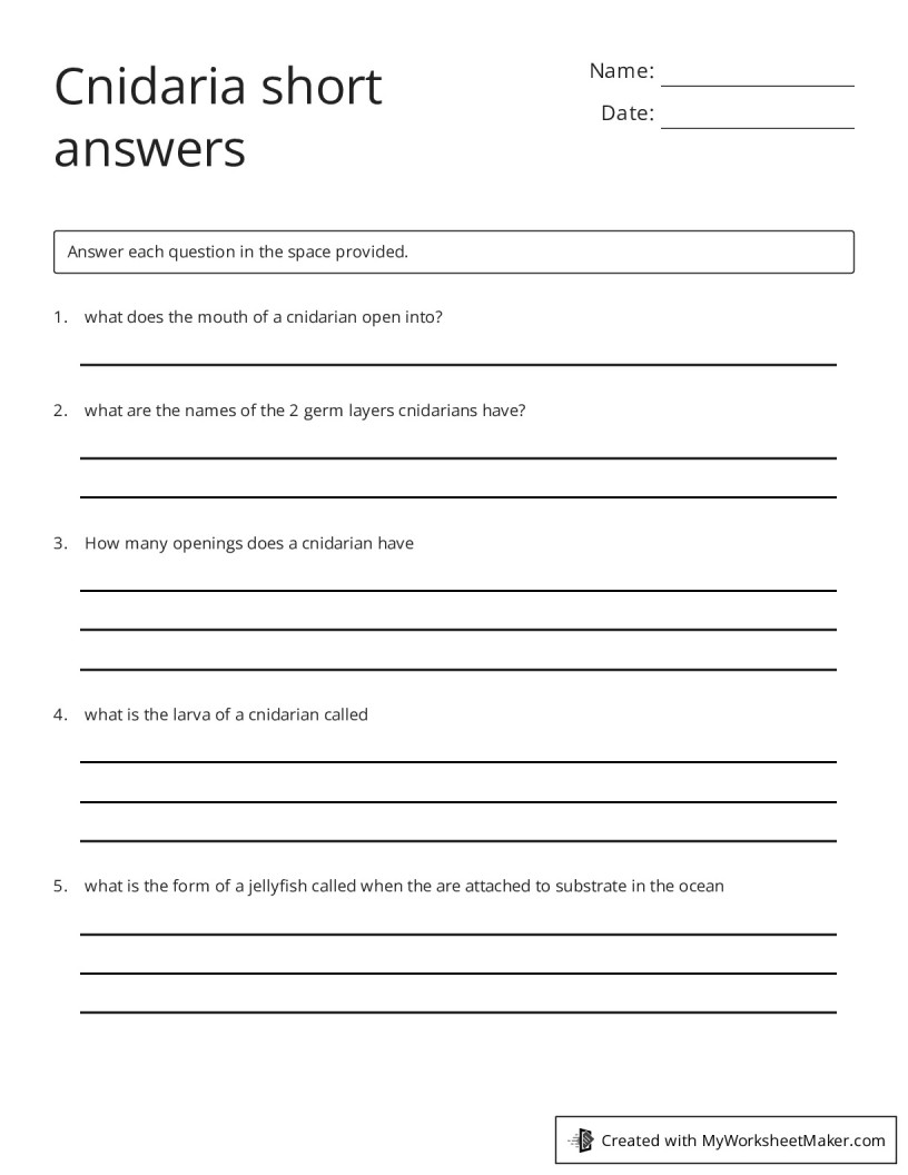 Cnidaria short answers - My Worksheet Maker: Create Your Own Worksheets