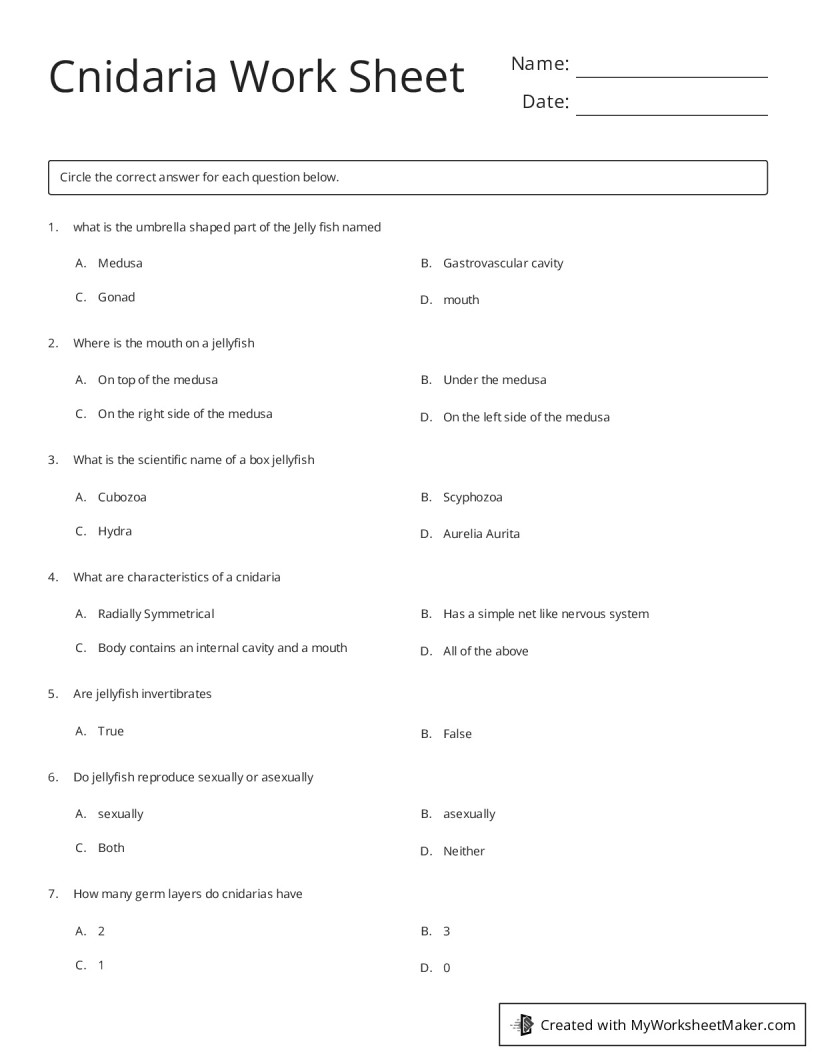 Cnidaria Work Sheet - My Worksheet Maker: Create Your Own Worksheets