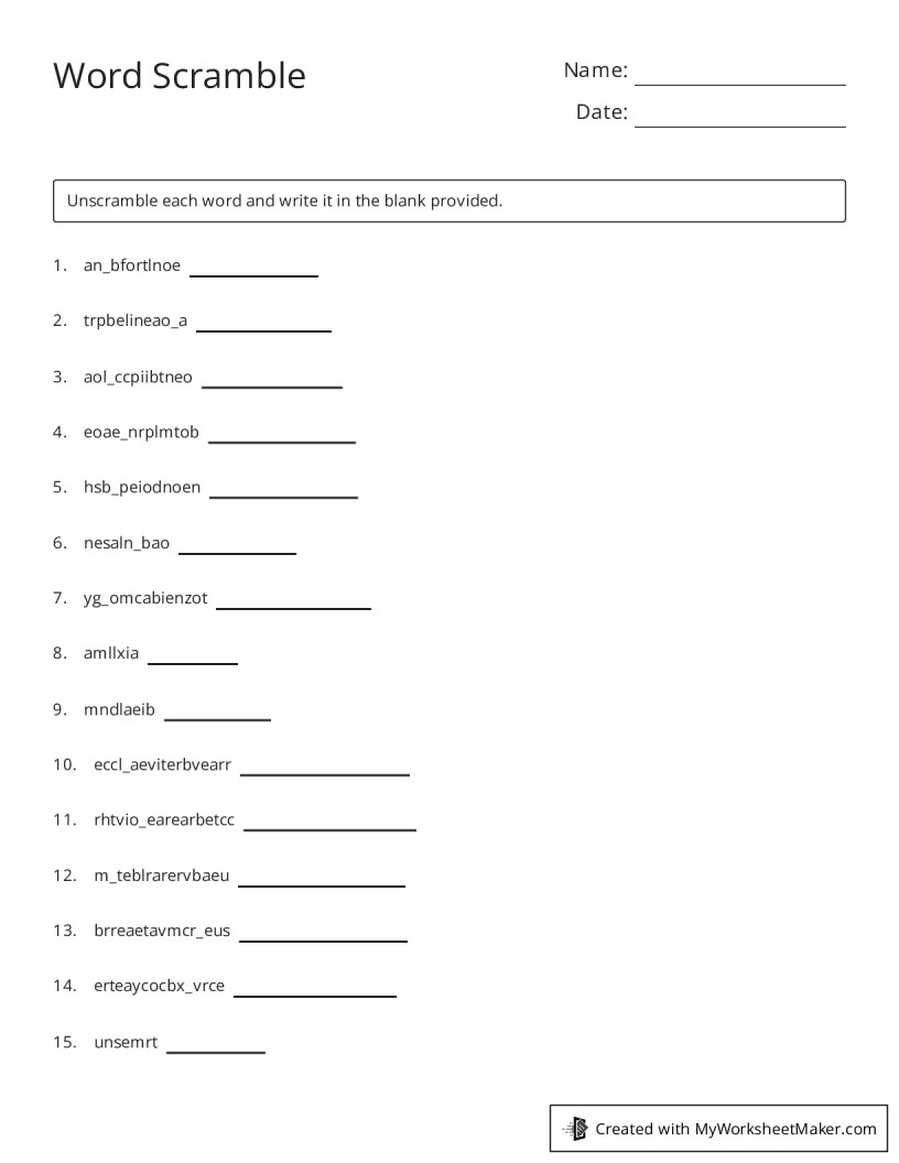 Word Scramble - My Worksheet Maker: Create Your Own Worksheets