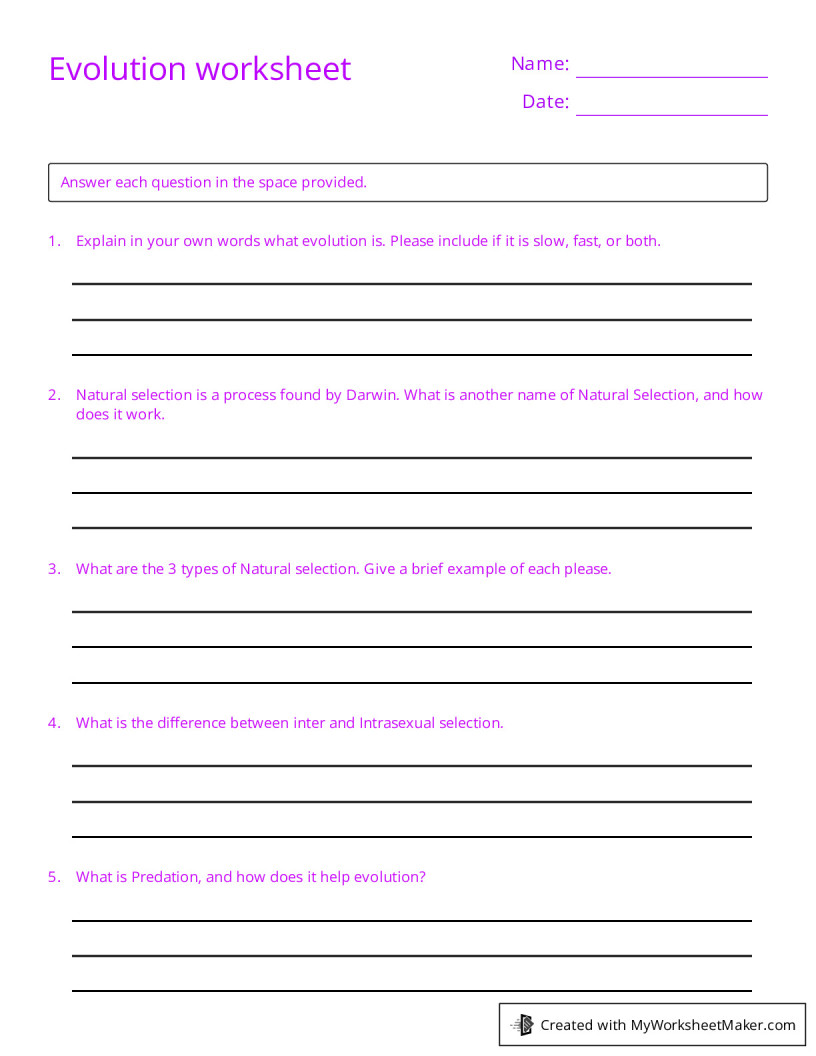 Evolution worksheet - My Worksheet Maker: Create Your Own Worksheets