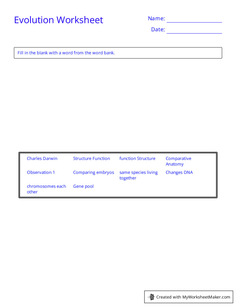 Evolution Worksheet - My Worksheet Maker: Create Your Own Worksheets
