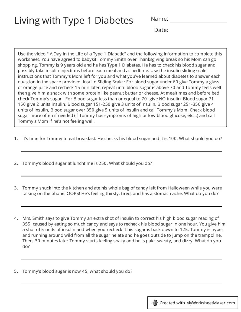 Living with Type 1 Diabetes - My Worksheet Maker: Create Your Own ...