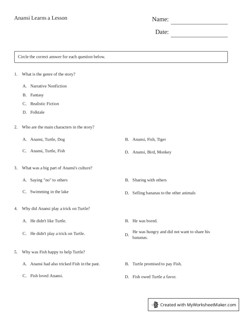 Anansi Learns a Lesson - My Worksheet Maker: Create Your Own Worksheets