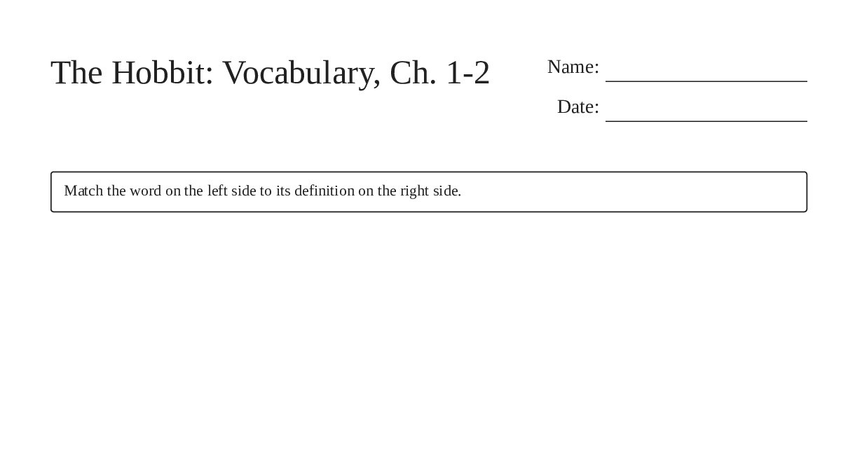 The Hobbit: Vocabulary, Ch. 1-2 - My Worksheet Maker: Create Your Own ...