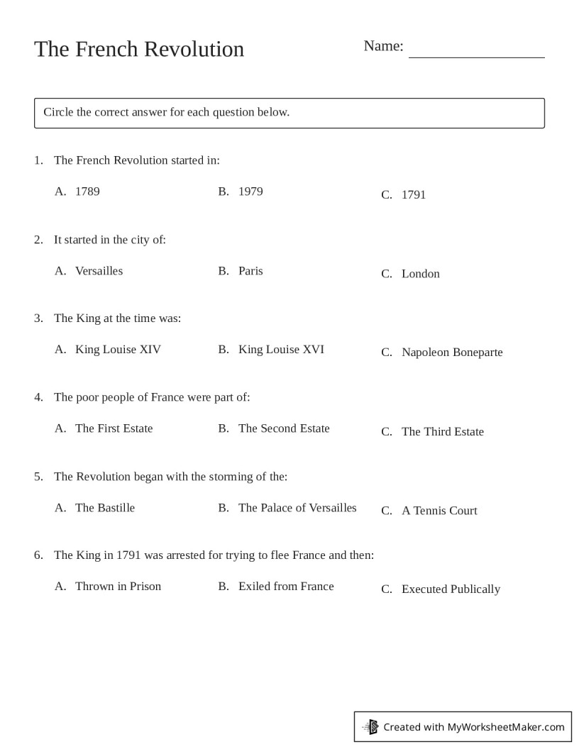 The French Revolution - My Worksheet Maker: Create Your Own Worksheets