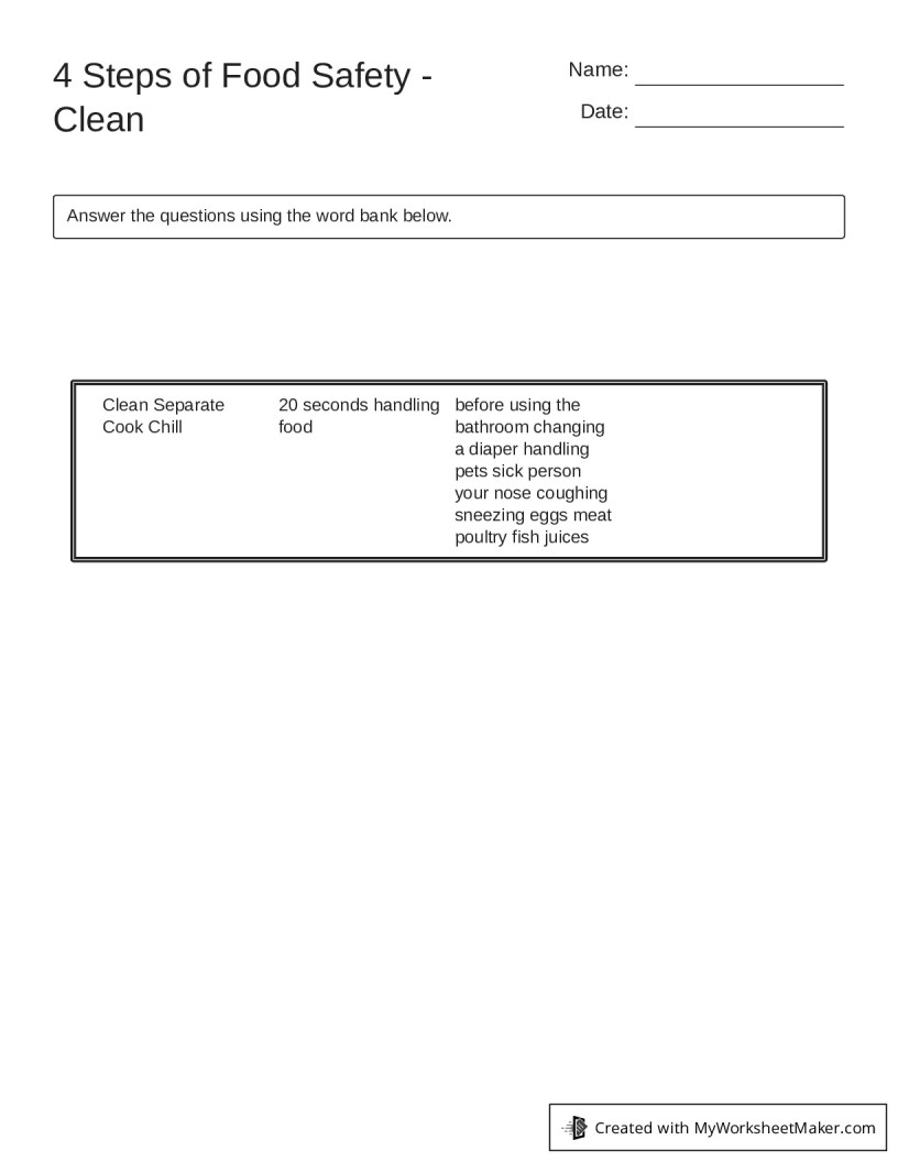 4 Steps of Food Safety - Clean - My Worksheet Maker: Create Your Own ...