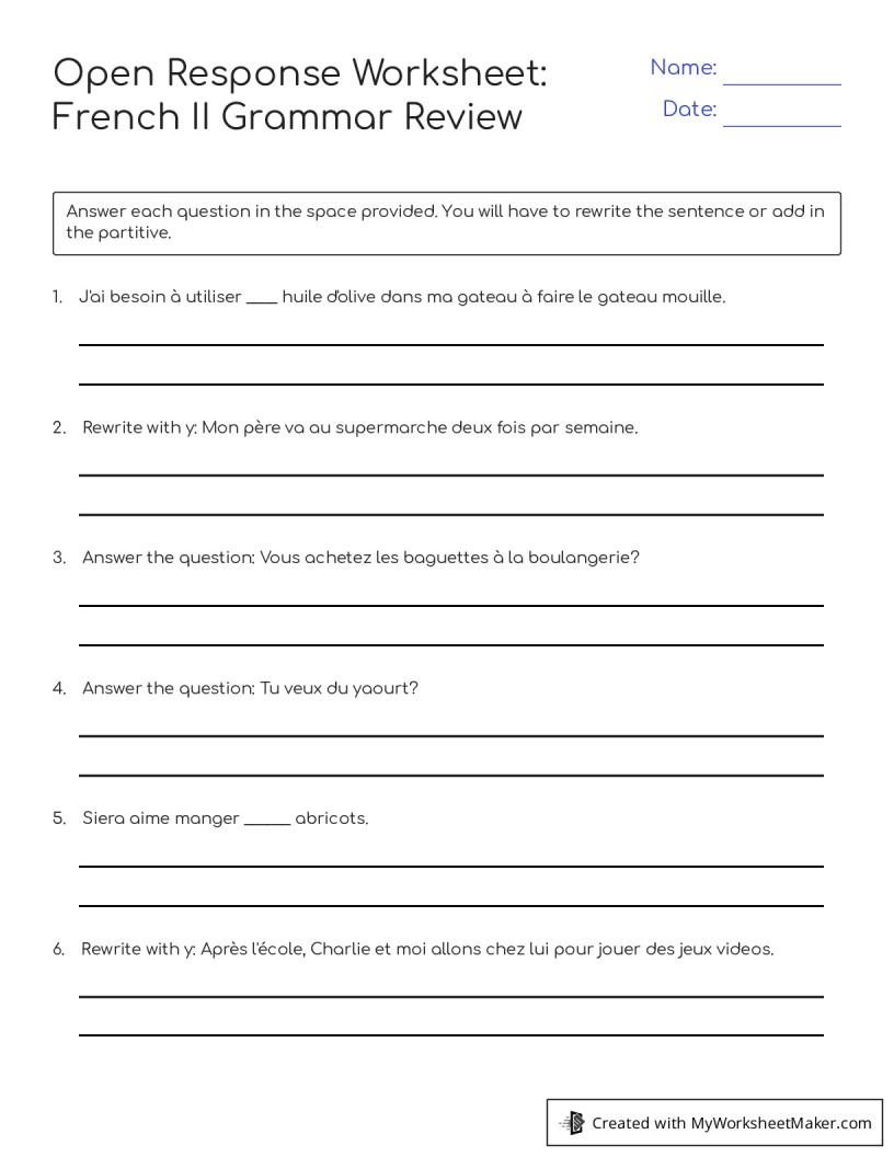 Open Response Worksheet: French II Grammar Review - My Worksheet Maker ...