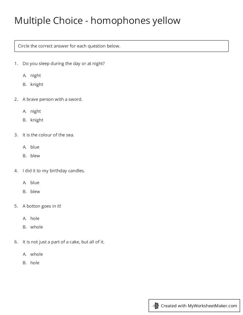 Multiple Choice - homophones yellow - My Worksheet Maker: Create Your ...