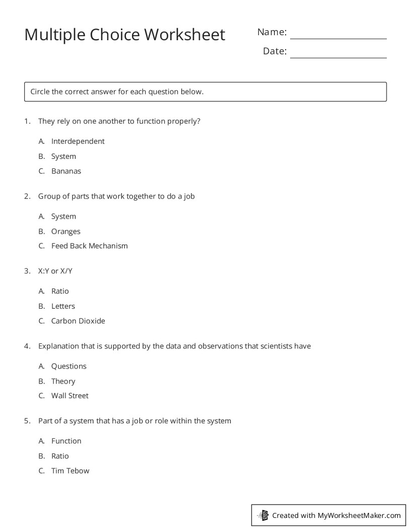 Multiple Choice Worksheet - My Worksheet Maker: Create Your Own Worksheets