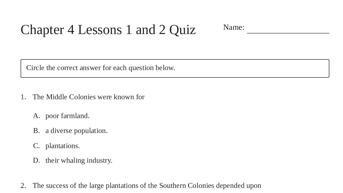 Chapter 4 Lessons 1 and 2 Quiz - My Worksheet Maker: Create Your Own ...