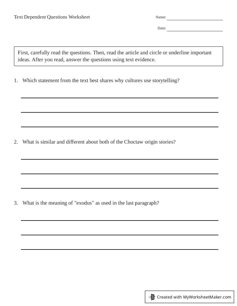 Text Dependent Questions Worksheet - My Worksheet Maker: Create Your ...
