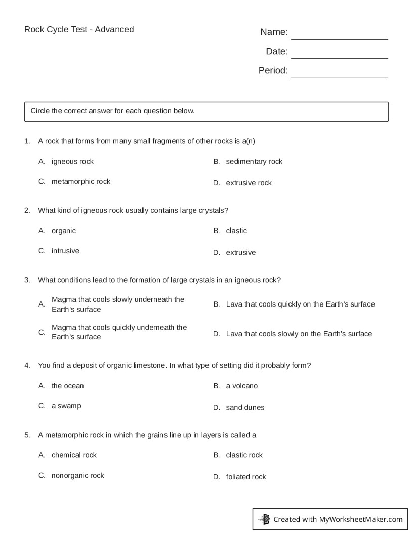 Rock Cycle Test - Advanced - My Worksheet Maker: Create Your Own Worksheets