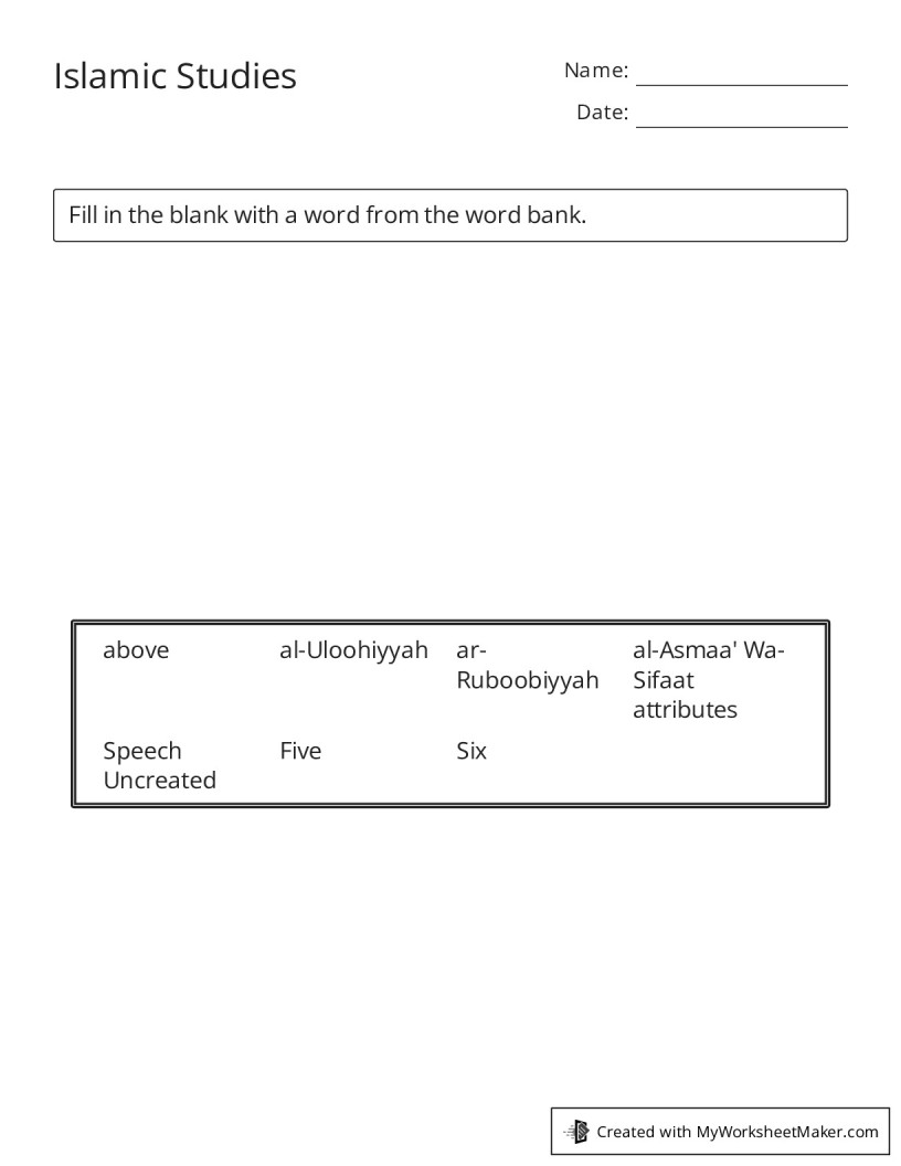 Islamic Studies - My Worksheet Maker: Create Your Own Worksheets
