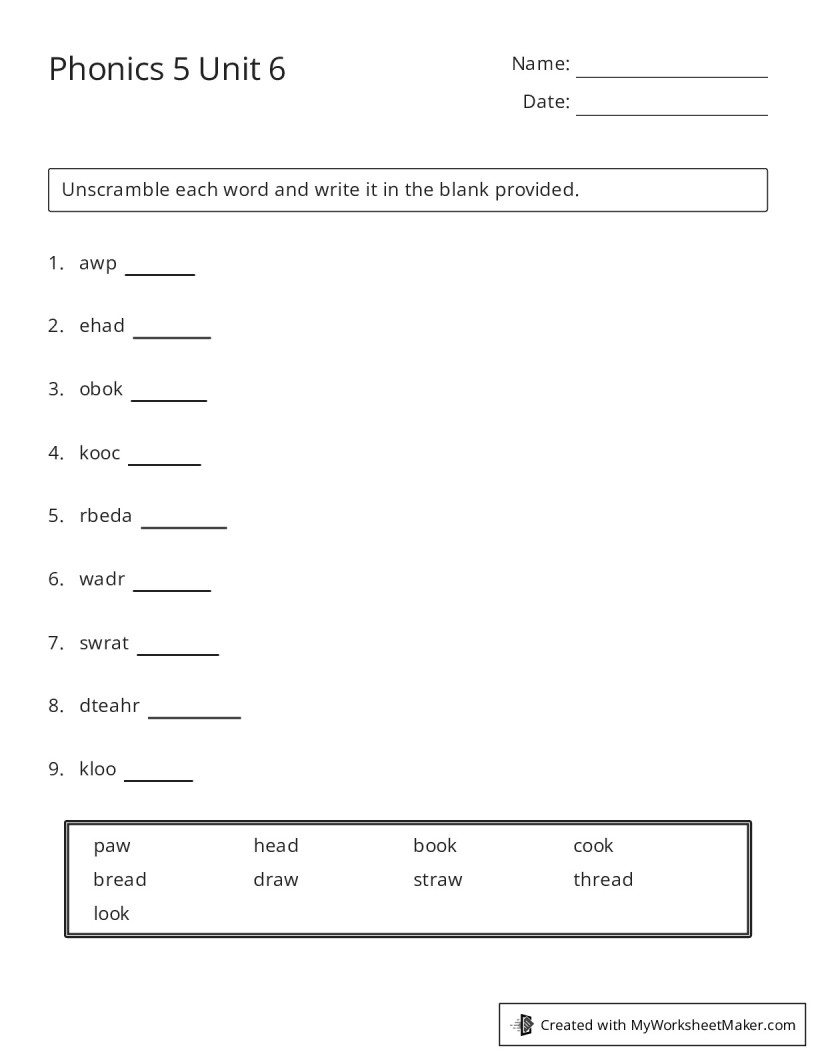 Phonics 5 Unit 6 - My Worksheet Maker: Create Your Own Worksheets