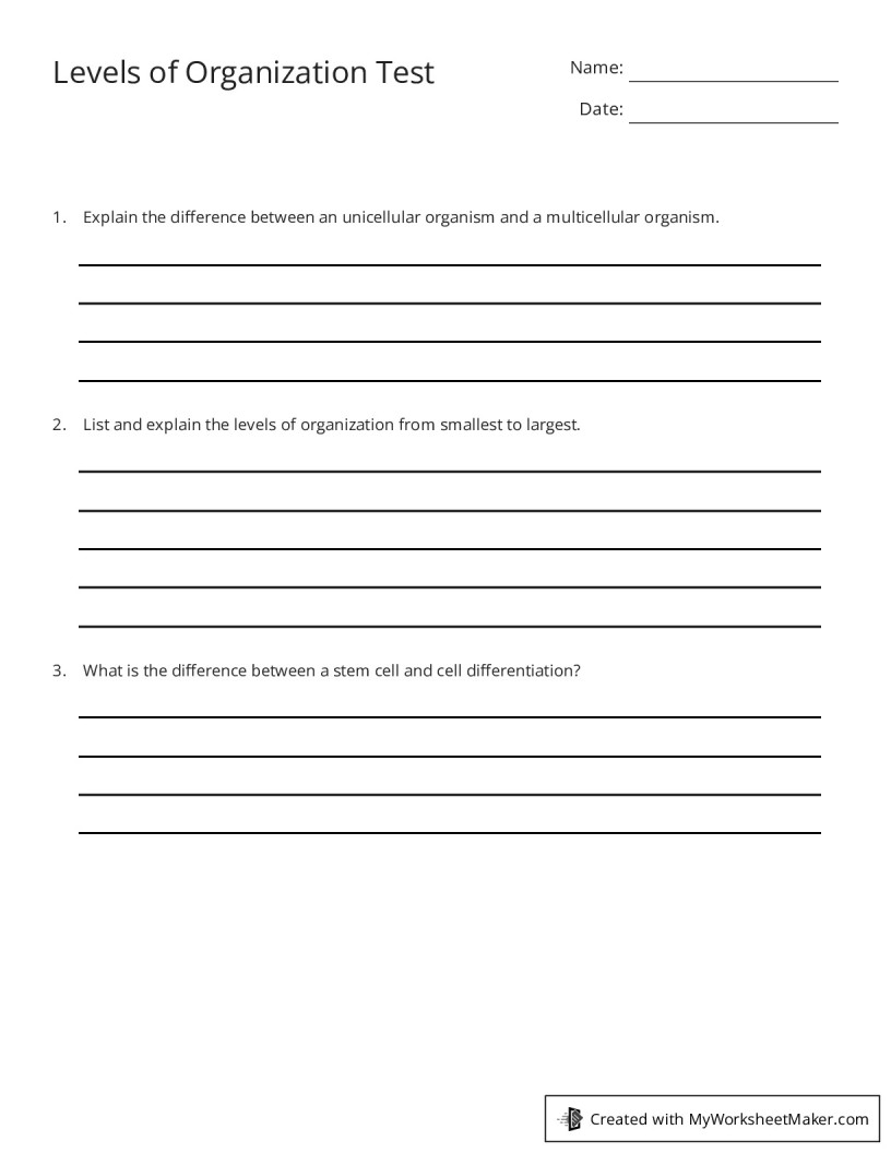 Levels of Organization Test - My Worksheet Maker: Create Your Own ...