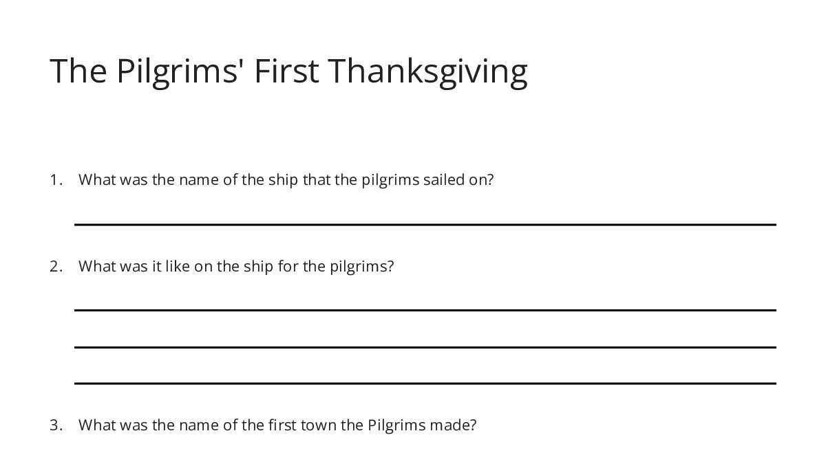 The Pilgrims' First Thanksgiving - My Worksheet Maker: Create Your Own ...