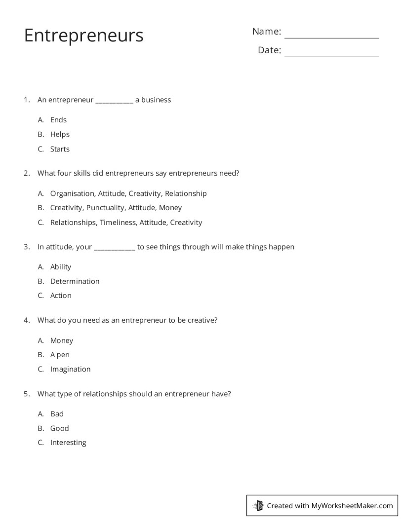 Entrepreneurs - My Worksheet Maker: Create Your Own Worksheets