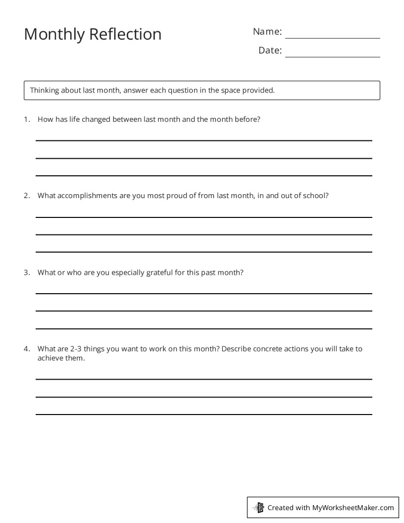 Monthly Reflection - My Worksheet Maker: Create Your Own Worksheets