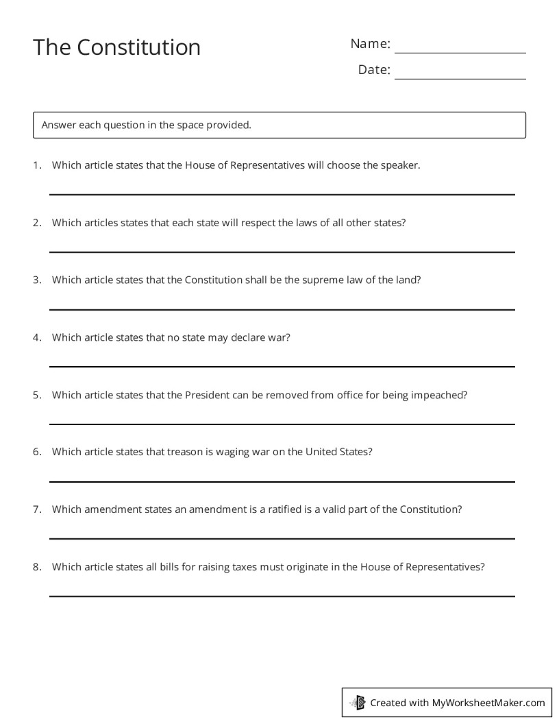 The Constitution - My Worksheet Maker: Create Your Own Worksheets