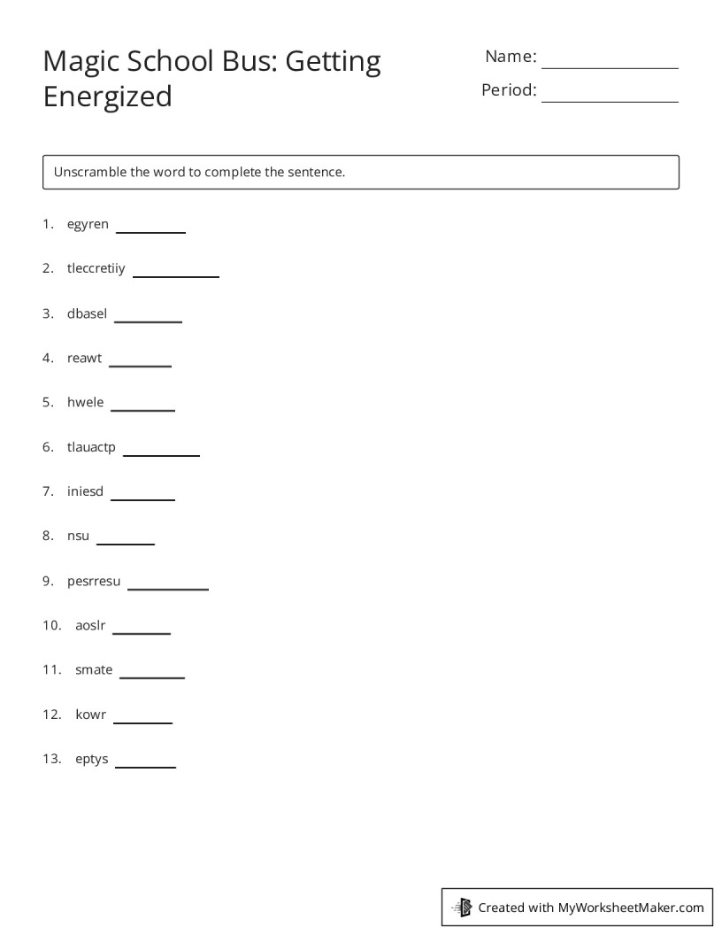 Magic School Bus: Getting Energized - My Worksheet Maker: Create Your ...