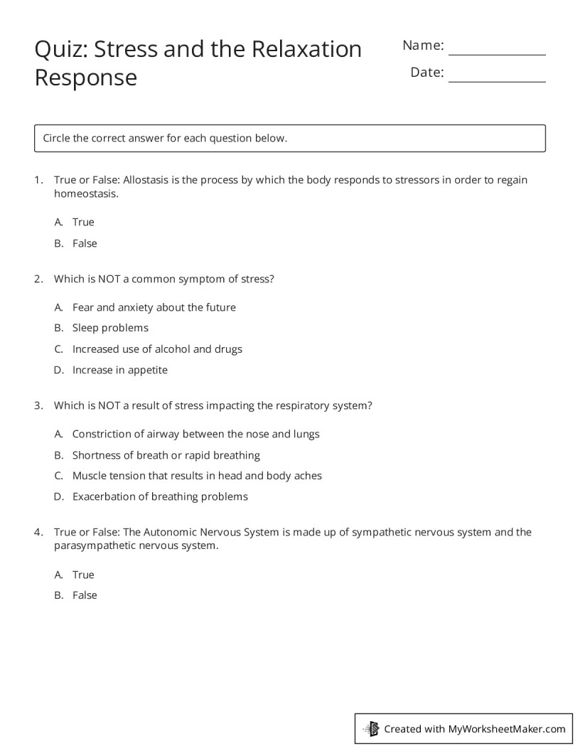 Quiz: Stress and the Relaxation Response - My Worksheet Maker: Create Your Own Worksheets