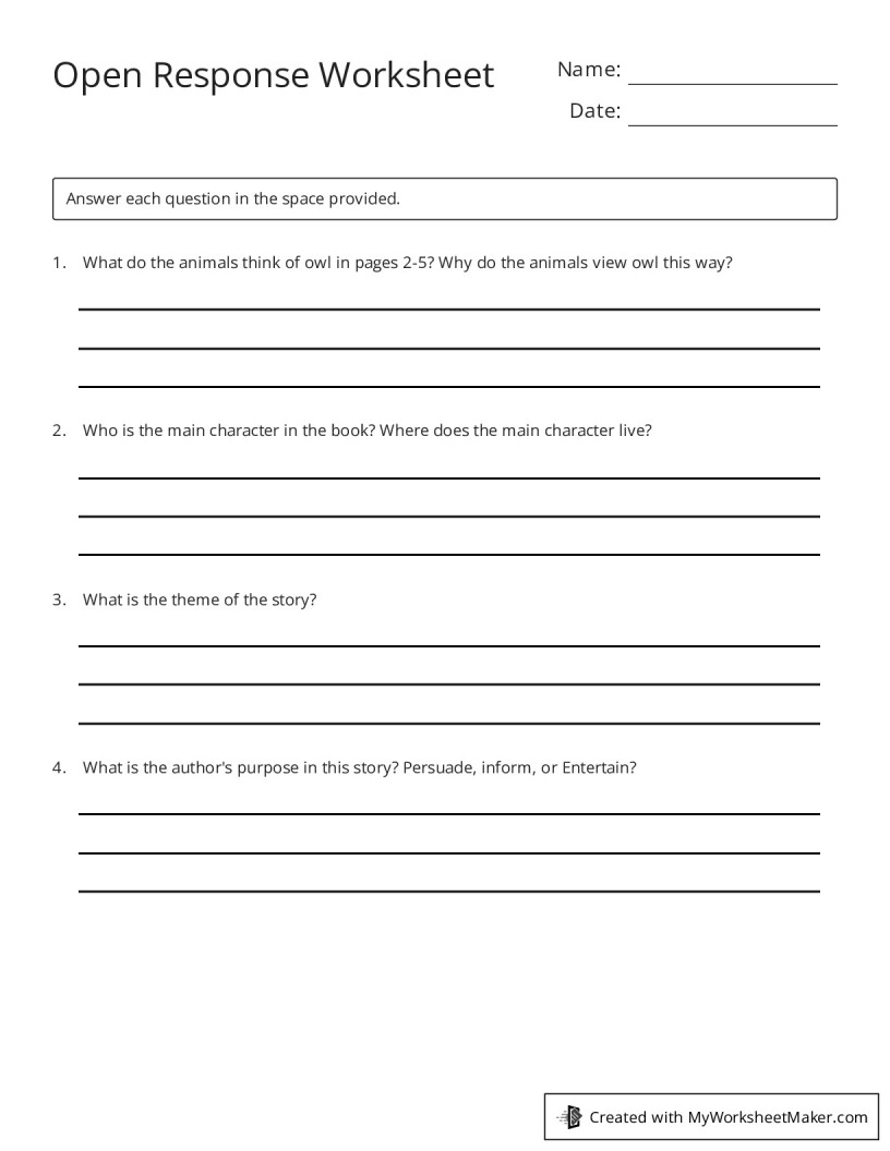 Open Response Worksheet - My Worksheet Maker: Create Your Own Worksheets