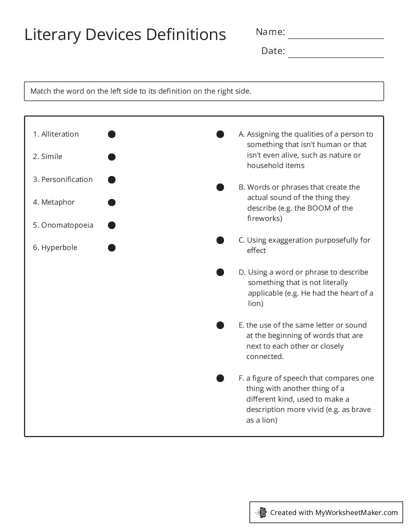 Literary Devices Definitions - My Worksheet Maker: Create Your Own ...