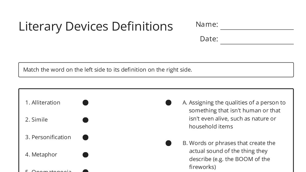 Literary Devices Definitions - My Worksheet Maker: Create Your Own ...