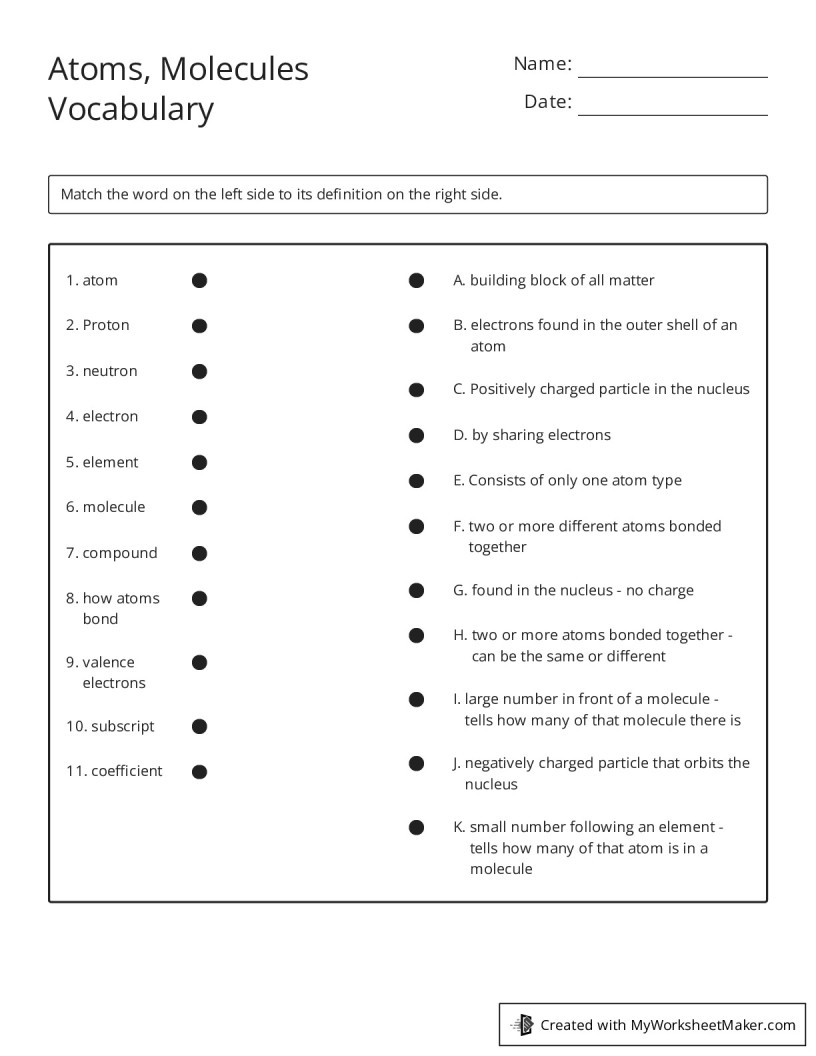 Atoms, Molecules Vocabulary - My Worksheet Maker: Create Your Own ...