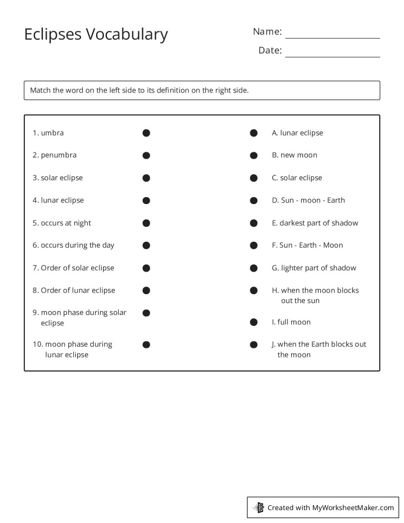Eclipses Vocabulary - My Worksheet Maker: Create Your Own Worksheets