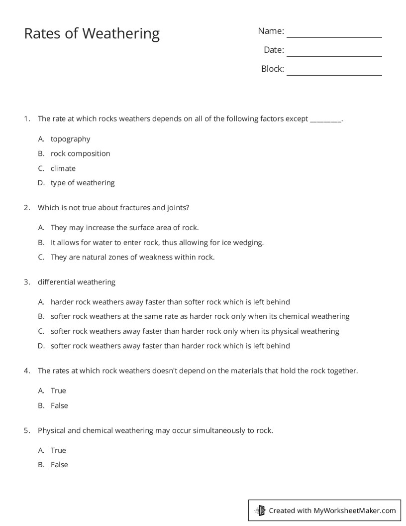 Rates of Weathering - My Worksheet Maker: Create Your Own Worksheets