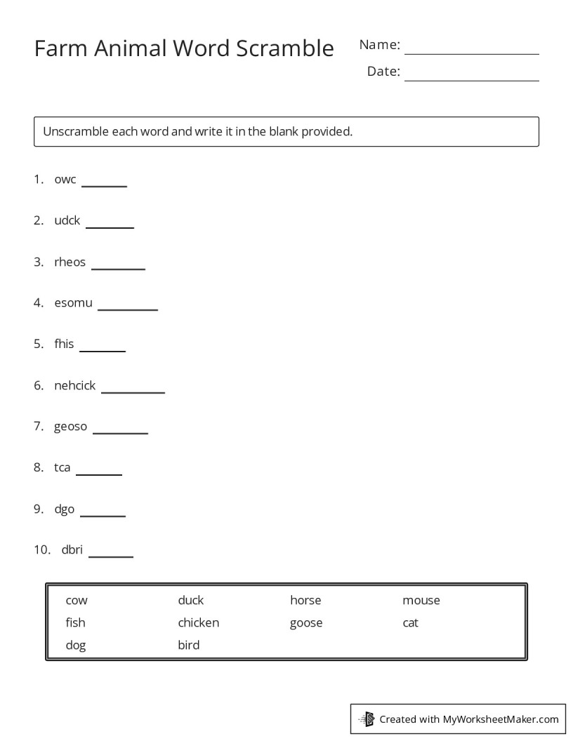Farm Animal Word Scramble - My Worksheet Maker: Create Your Own Worksheets