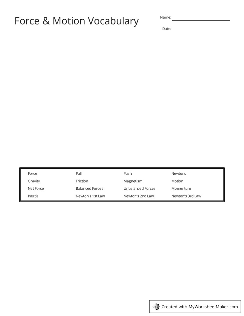 Force & Motion Vocabulary - My Worksheet Maker: Create Your Own Worksheets