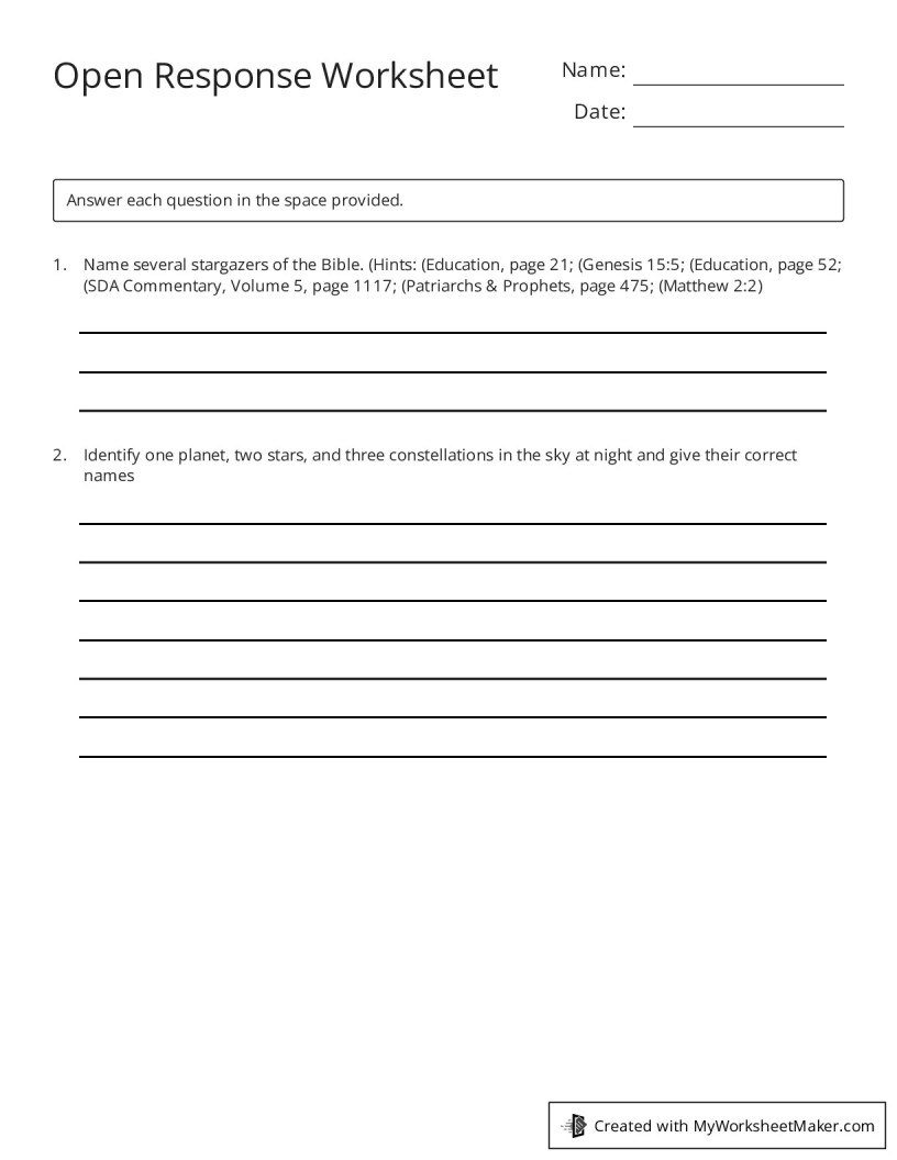 Open Response Worksheet - My Worksheet Maker: Create Your Own Worksheets