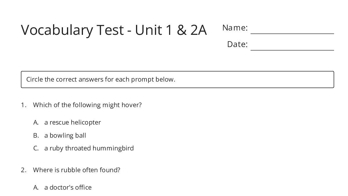 Vocabulary Test - Unit 1 & 2A - My Worksheet Maker: Create Your Own ...