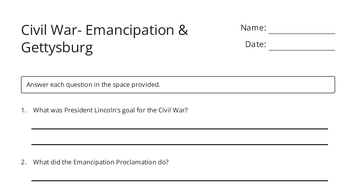 Civil War- Emancipation & Gettysburg - My Worksheet Maker: Create Your ...