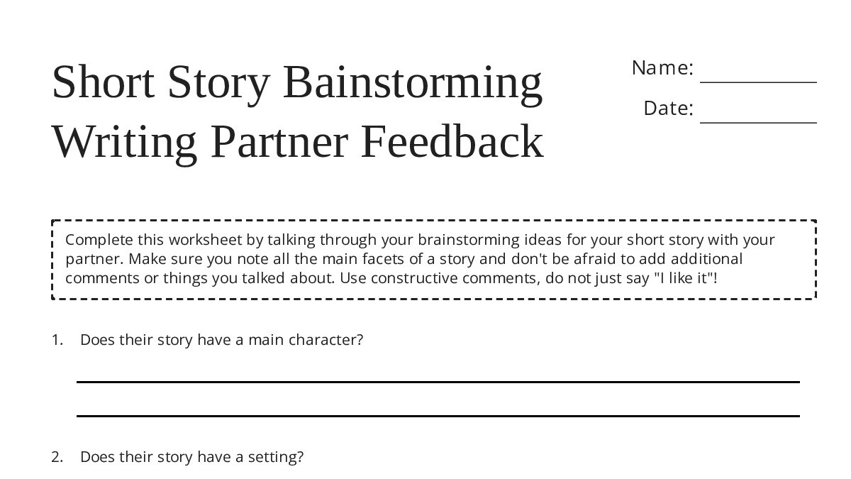 Short Story Bainstorming Writing Partner Feedback - My Worksheet Maker ...