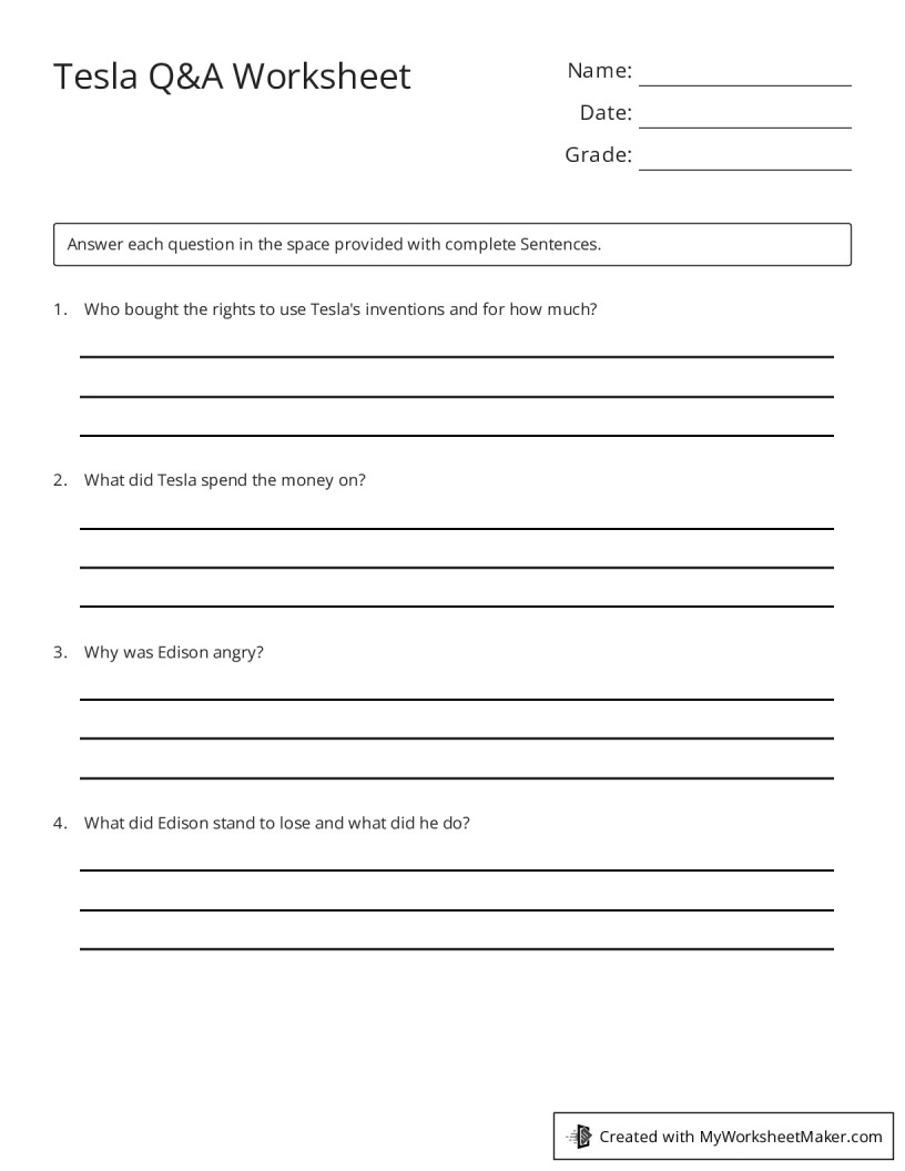Tesla Q&A Worksheet - My Worksheet Maker: Create Your Own Worksheets