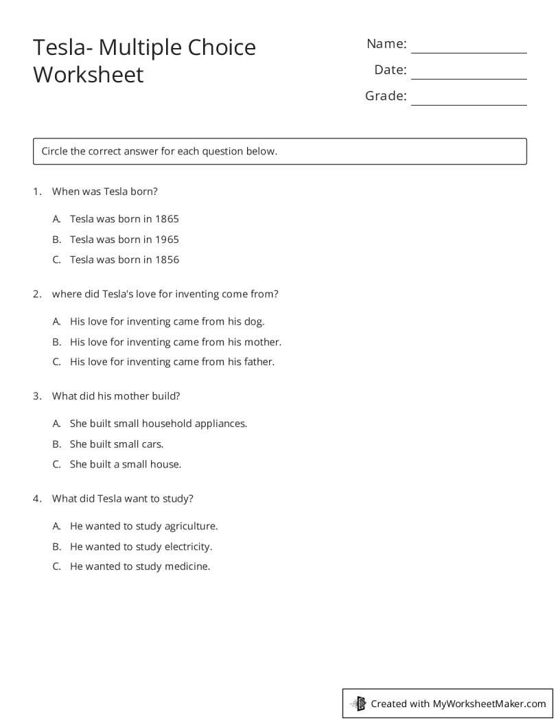 Tesla- Multiple Choice Worksheet - My Worksheet Maker: Create Your Own ...