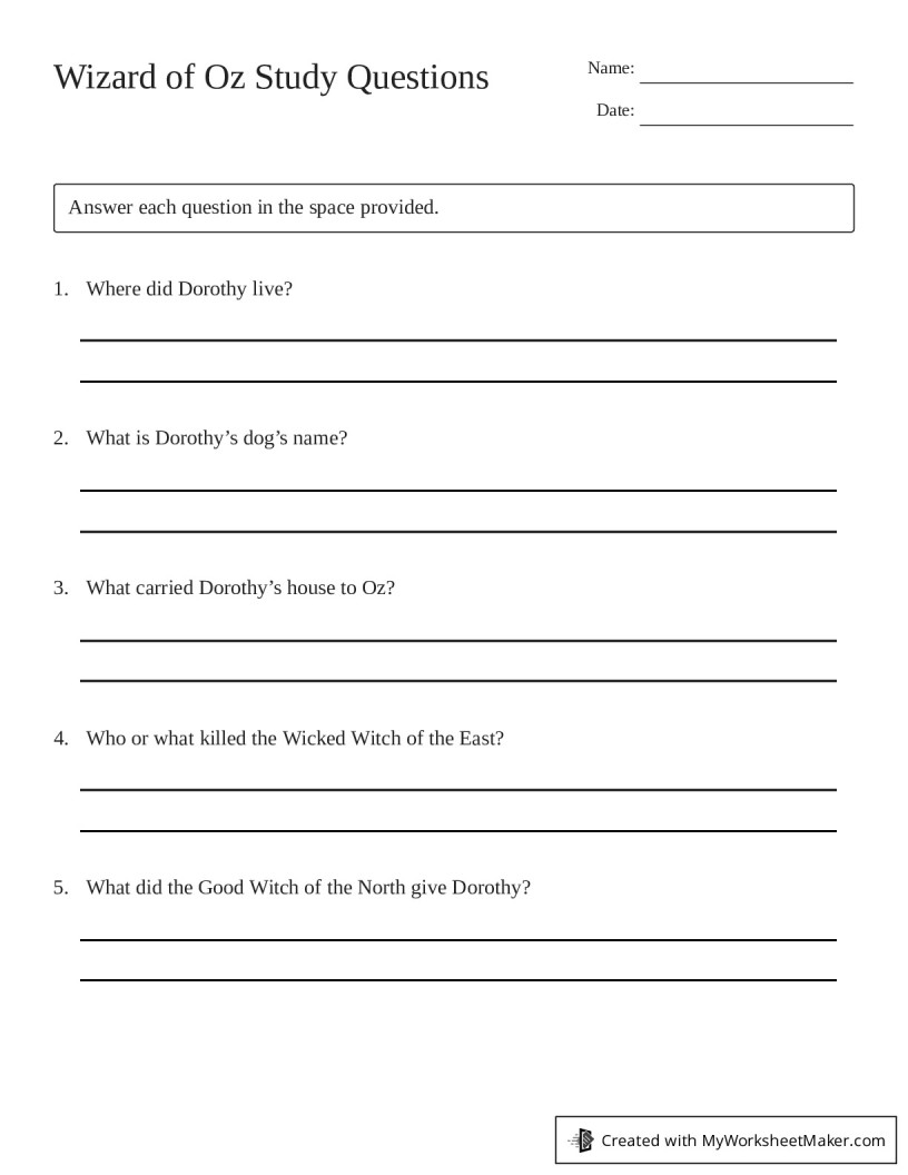 Wizard of Oz Study Questions - My Worksheet Maker: Create Your Own ...