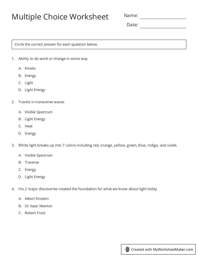 Multiple Choice Worksheet - My Worksheet Maker: Create Your Own Worksheets