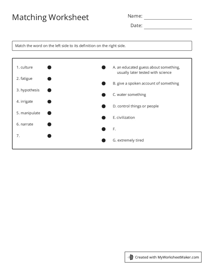 Matching Worksheet - My Worksheet Maker: Create Your Own Worksheets