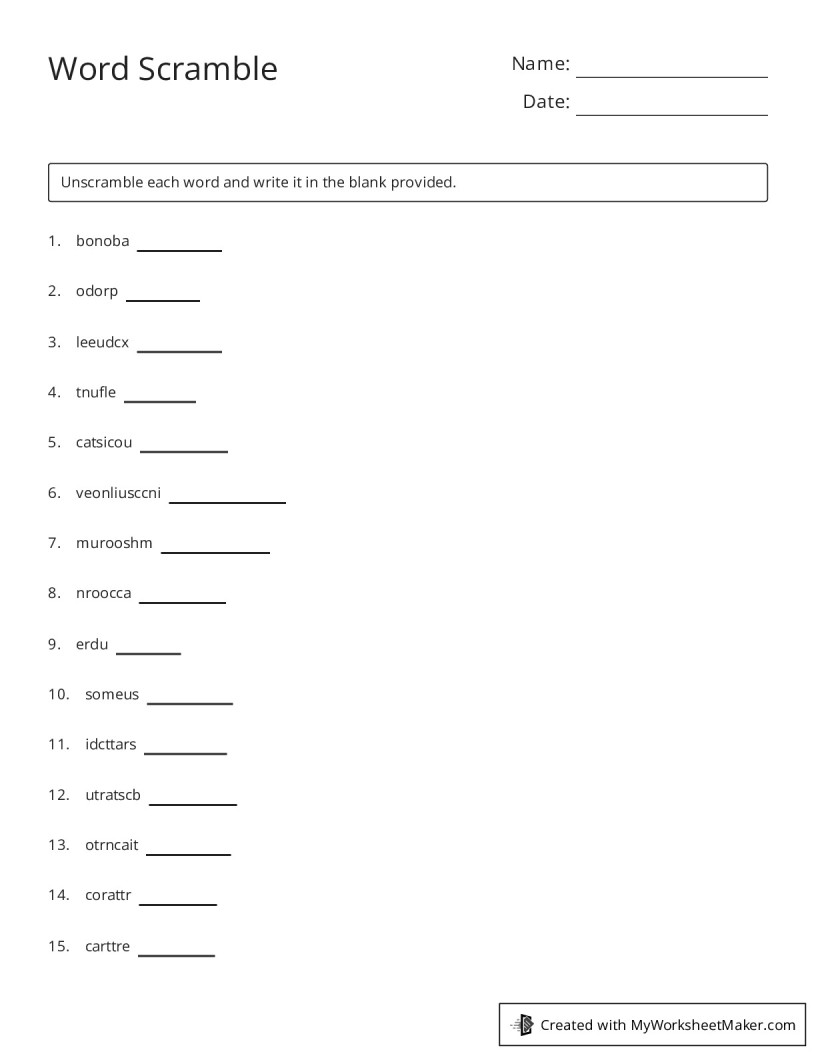 Word Scramble - My Worksheet Maker: Create Your Own Worksheets